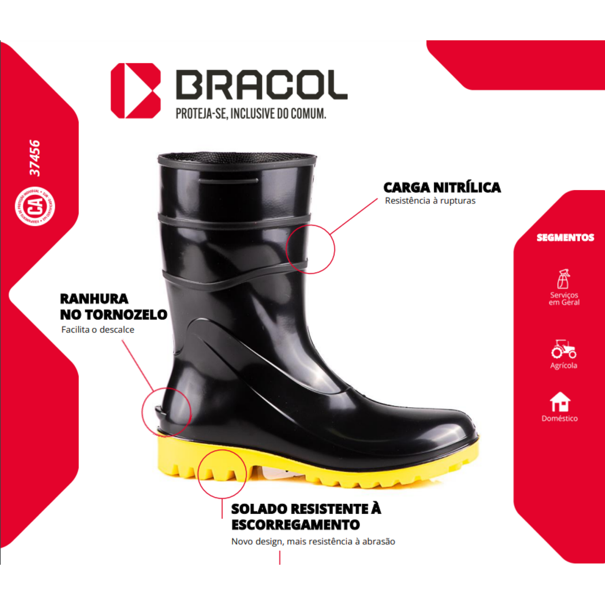 Bota de PVC Tamanho 42 Cano Curto Preto/Amarelo Bracol - Apotiguar