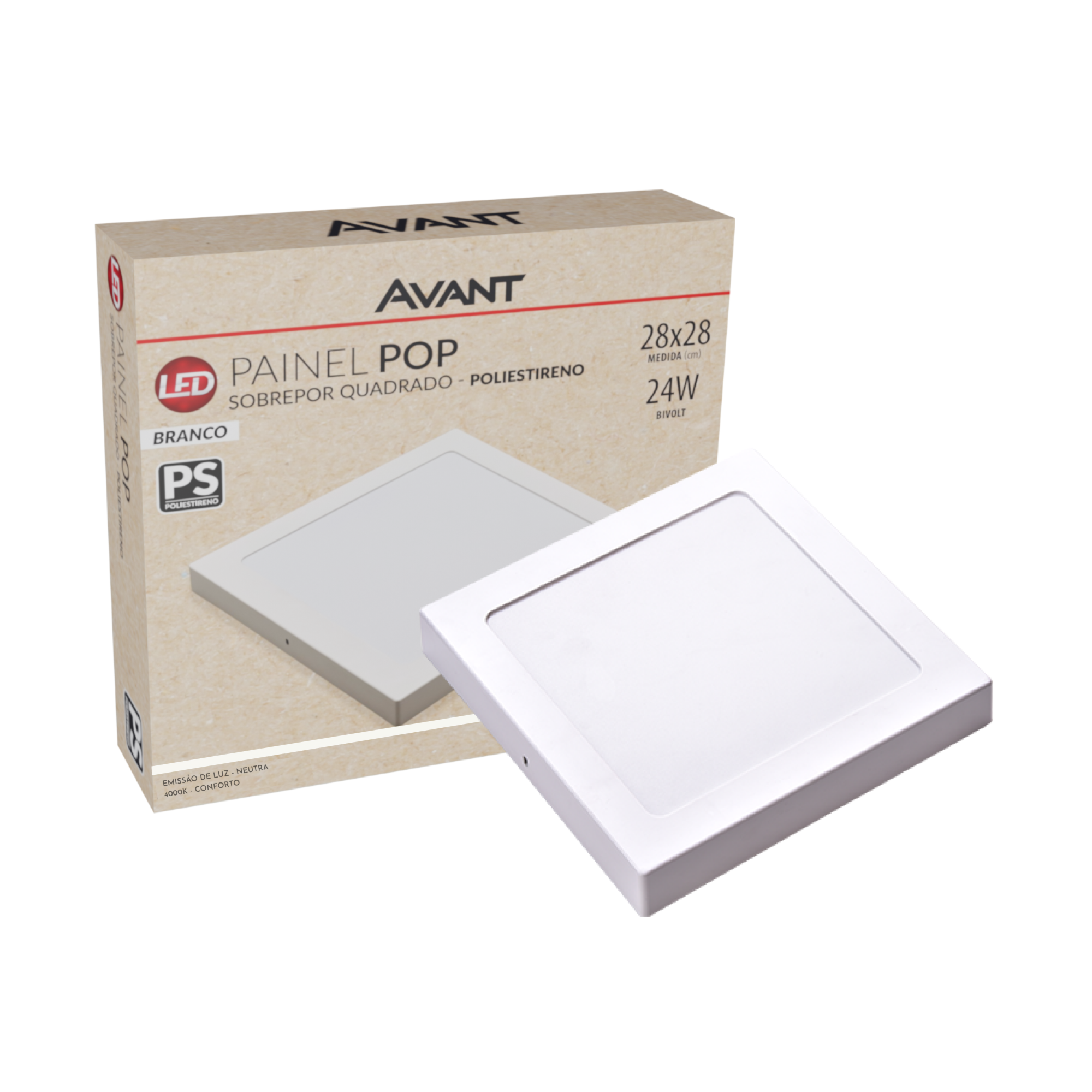 Painel POP LED 24W Quadrado Sobrepor 6500K Avant - Apotiguar