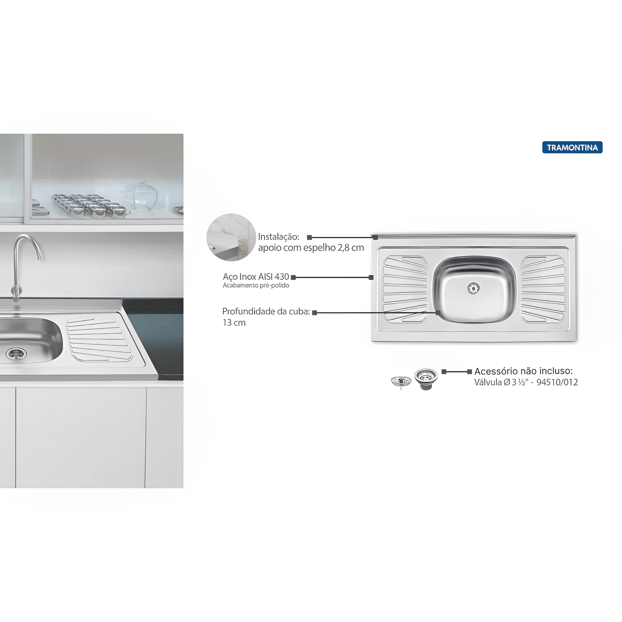 Pia em Aço Inox 105x52cm sem Válvula Standard Tramontina - Apotiguar