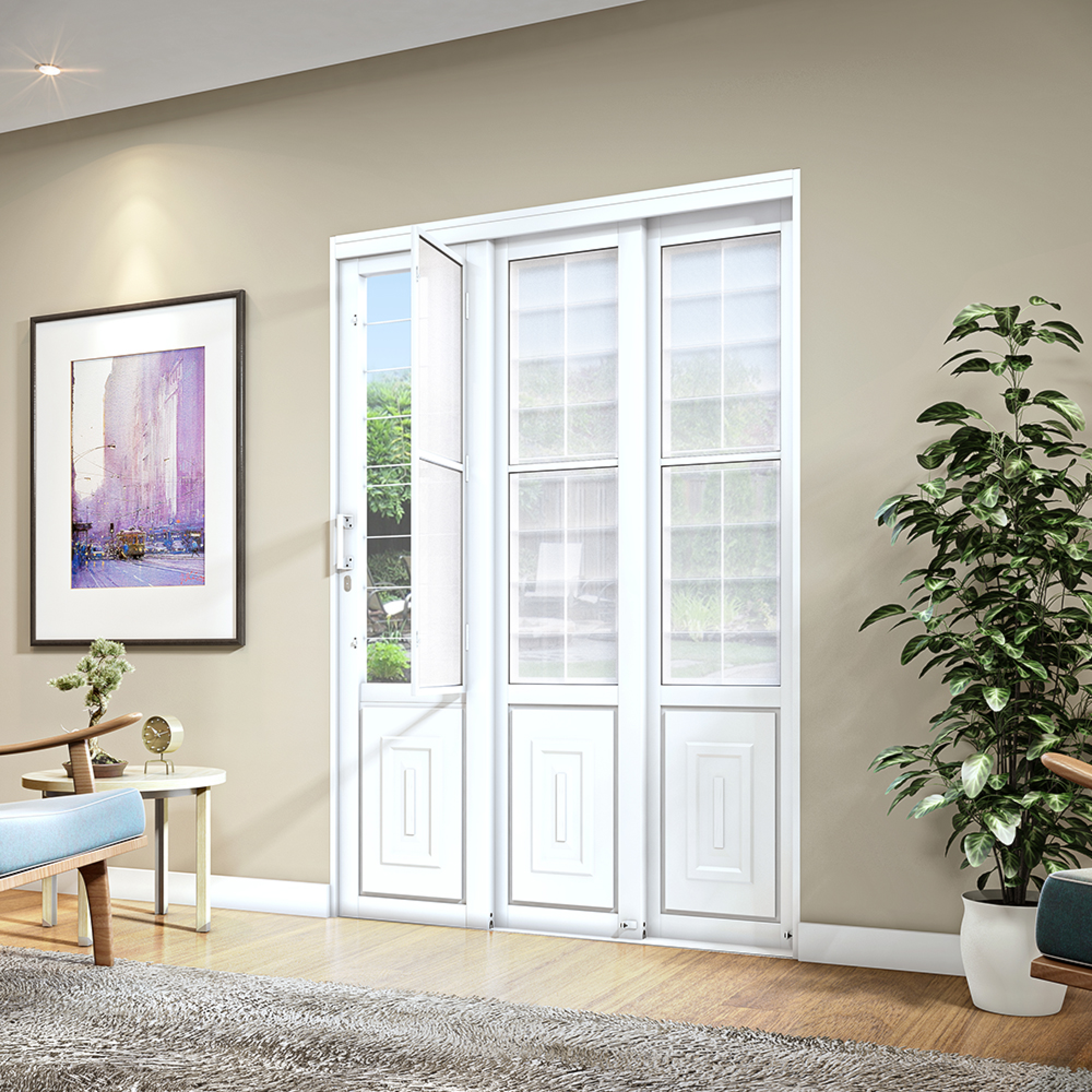 Porta de Correr Aço com Postigo 3 Folhas com Grade Quadrada 213x150 ...